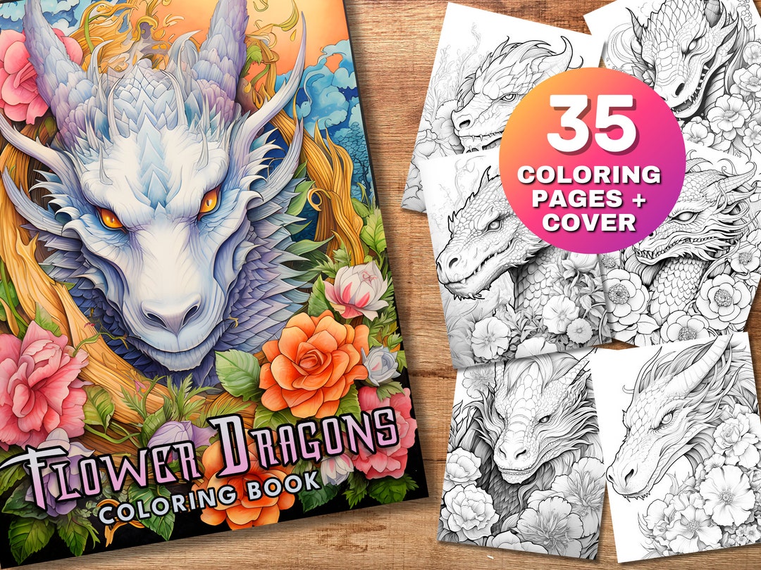 35 Dragon Coloring Pages, Flower Dragon Coloring Book, Fantasy ...