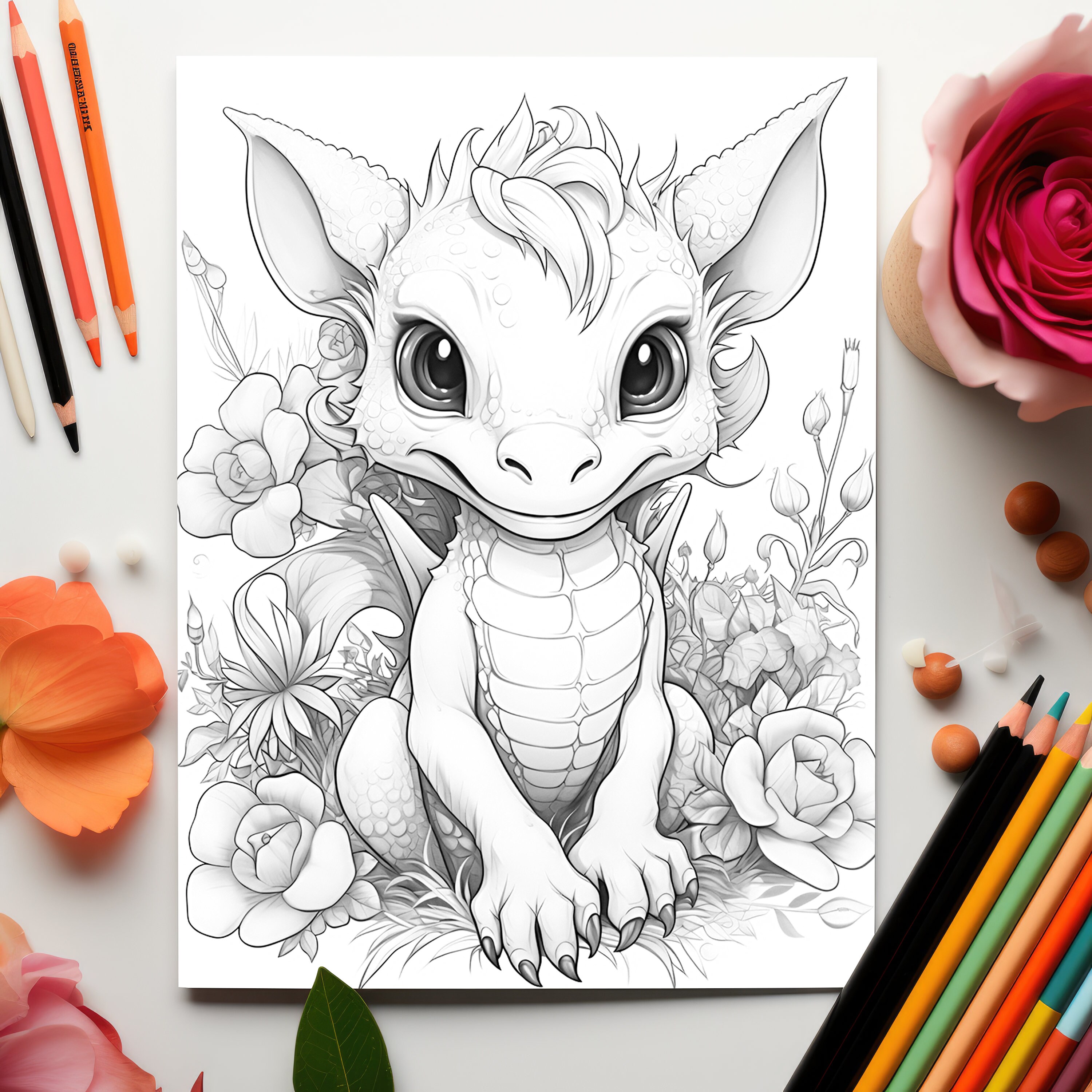 35 Cute Dragon Grayscale Coloring Pages, Flower Dragon Coloring Book ...
