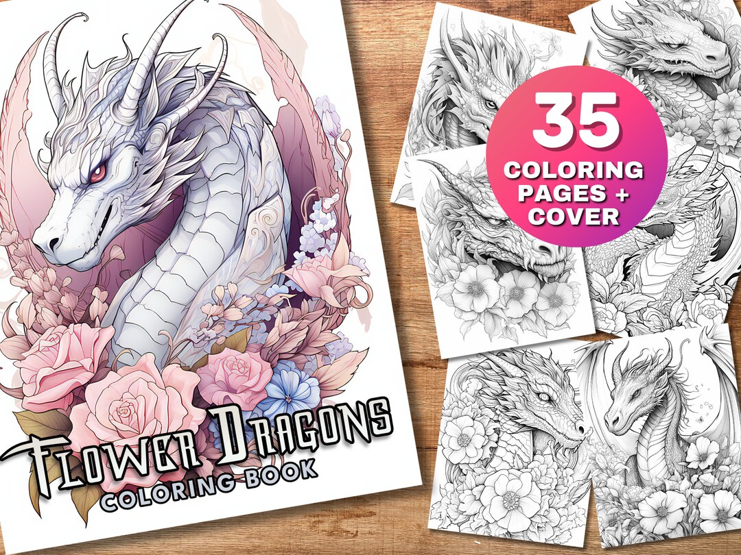 35 Cute Dragon Grayscale Coloring Pages, Flower Dragon Coloring Book ...