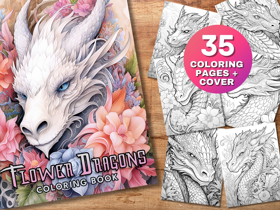 35 Cute Dragon Grayscale Coloring Pages, Flower Dragon Coloring Book ...
