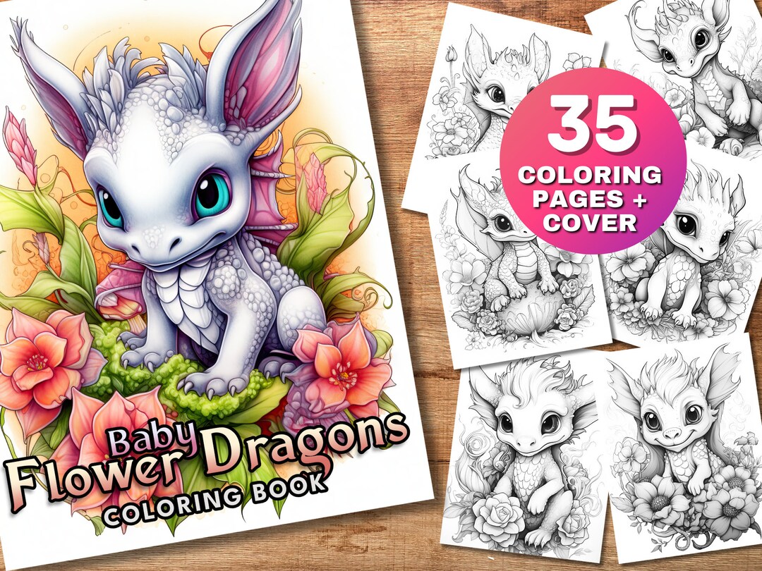 35 Cute Dragon Grayscale Coloring Pages, Flower Dragon Coloring Book ...