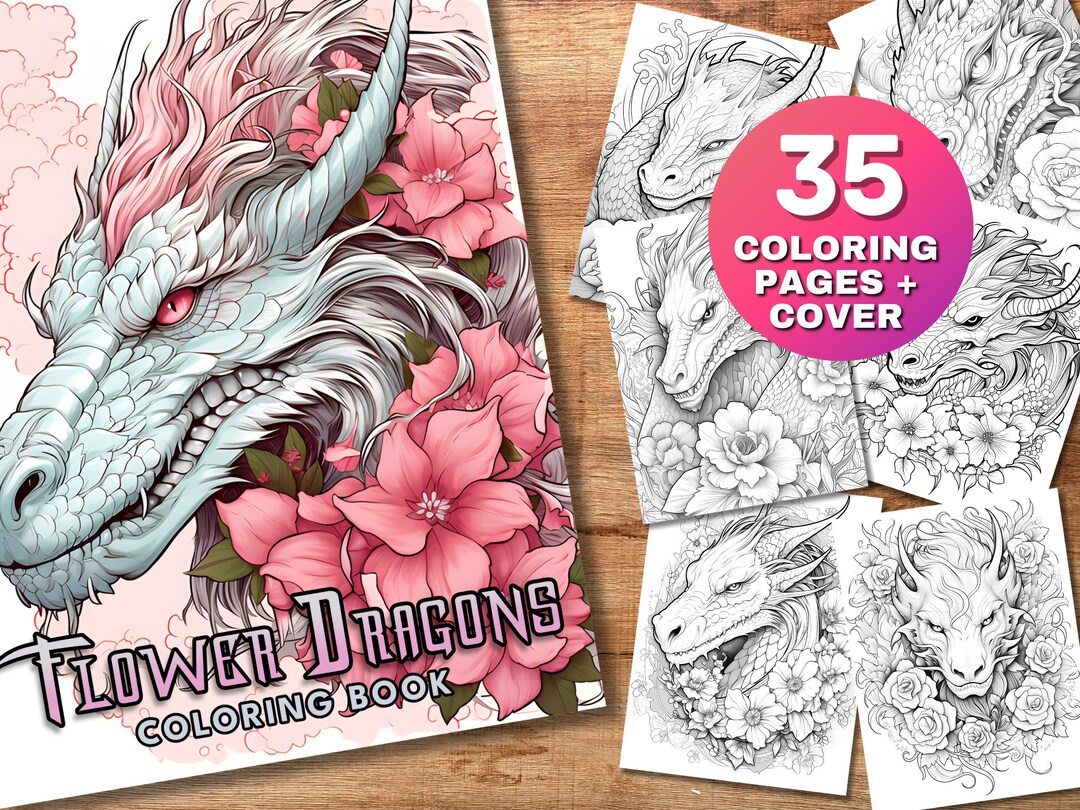 35 Cute Dragon Grayscale Coloring Pages, Flower Dragon Coloring Book ...