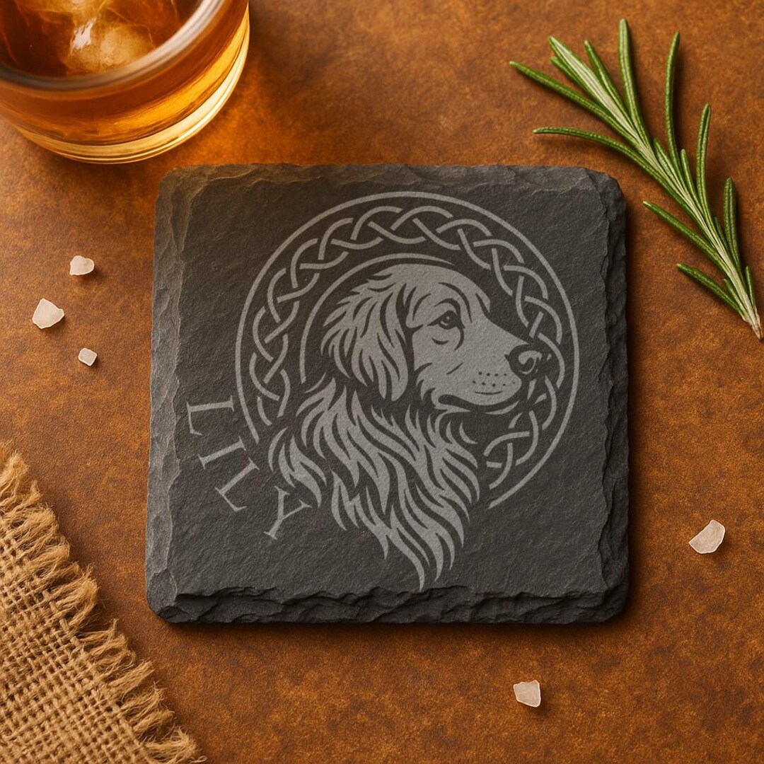 Personalized Celtic Dog Breed Slate Coaster – Custom Pet Name Engraved ...