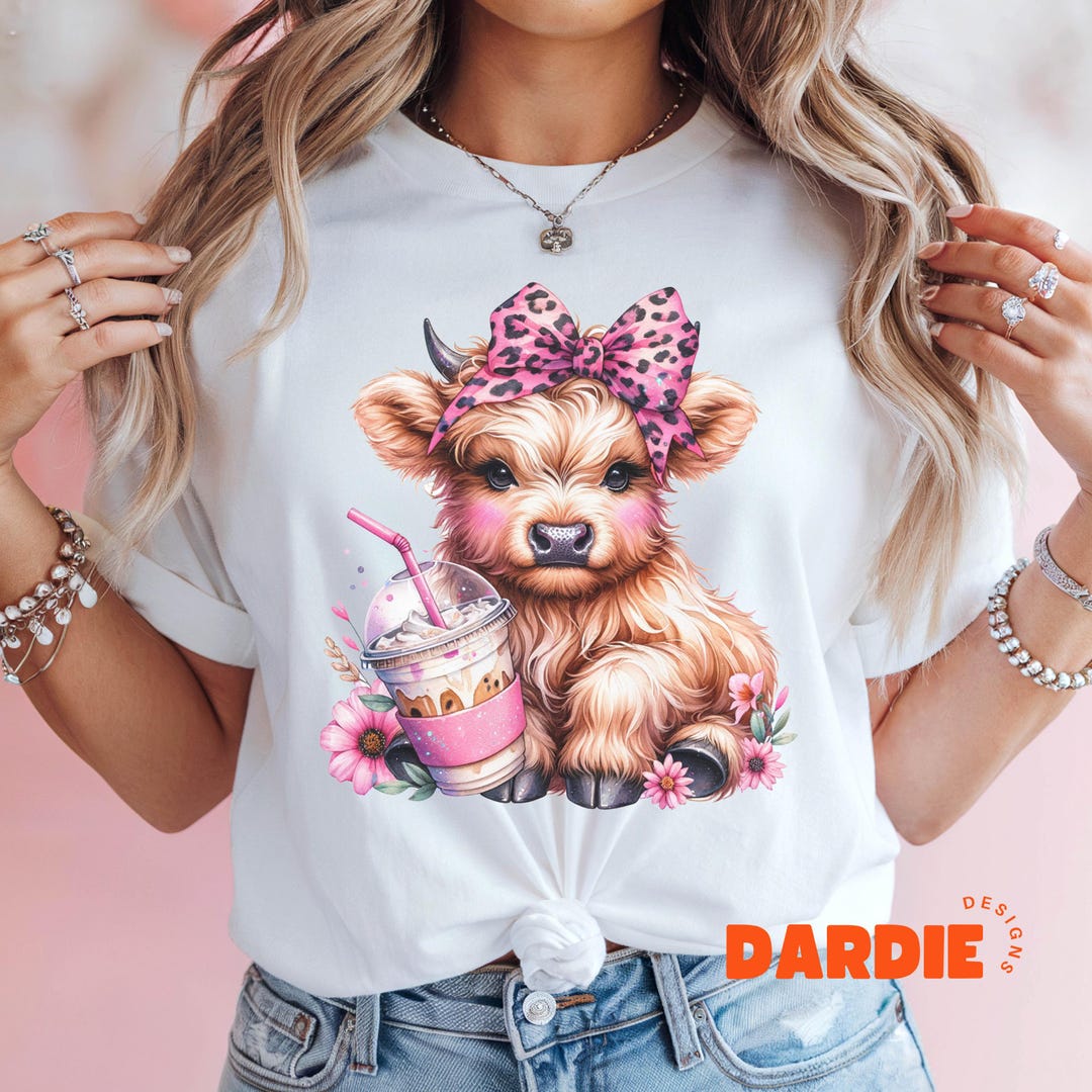 Pink Highland Cow PNG Iced Coffee Drinker Png Coquette Leopard Print ...