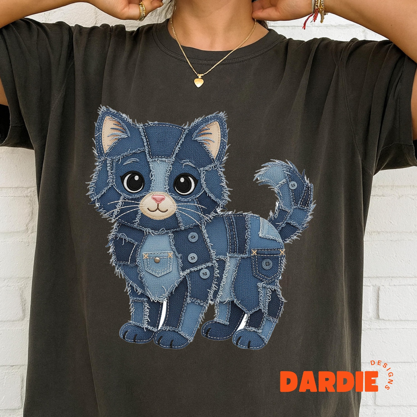Denim Patchwork Cat PNG: Cute Western Blue Jean Kitten Sublimation ...