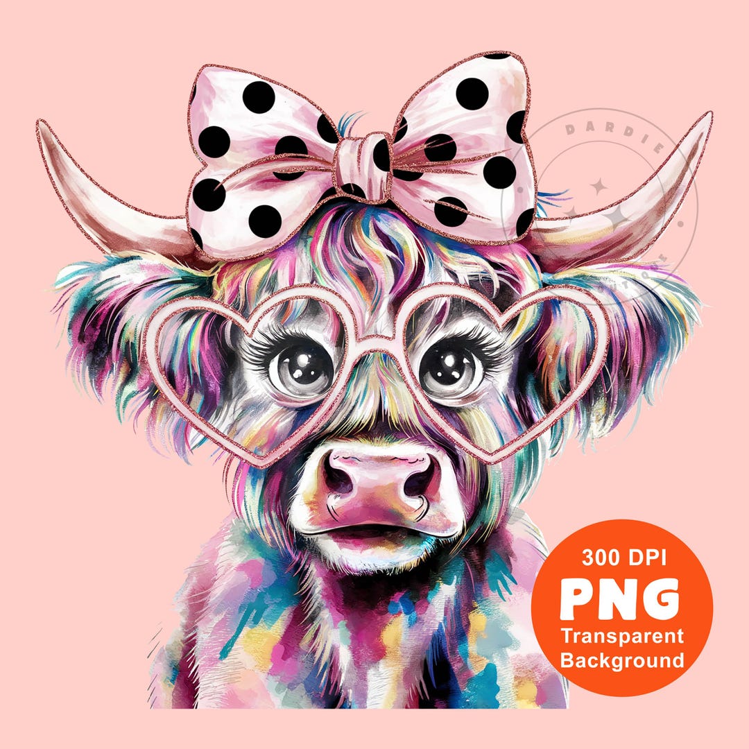 Coquette Highland Cow PNG Cute Girly Cow With Bow and Heart Shaped ...
