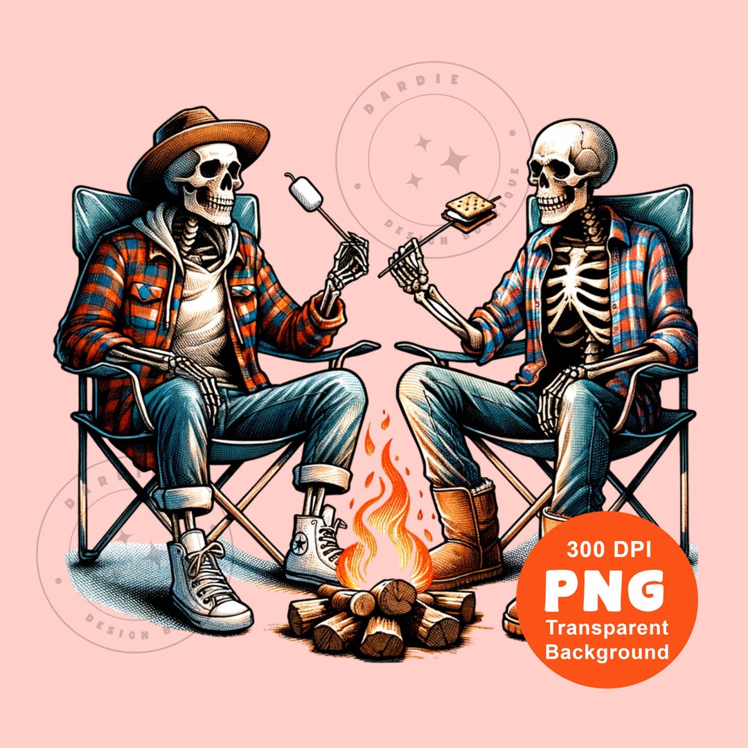 Fall Skeleton PNG Making S'mores Roasting Marshmallows Camping Bonfire ...