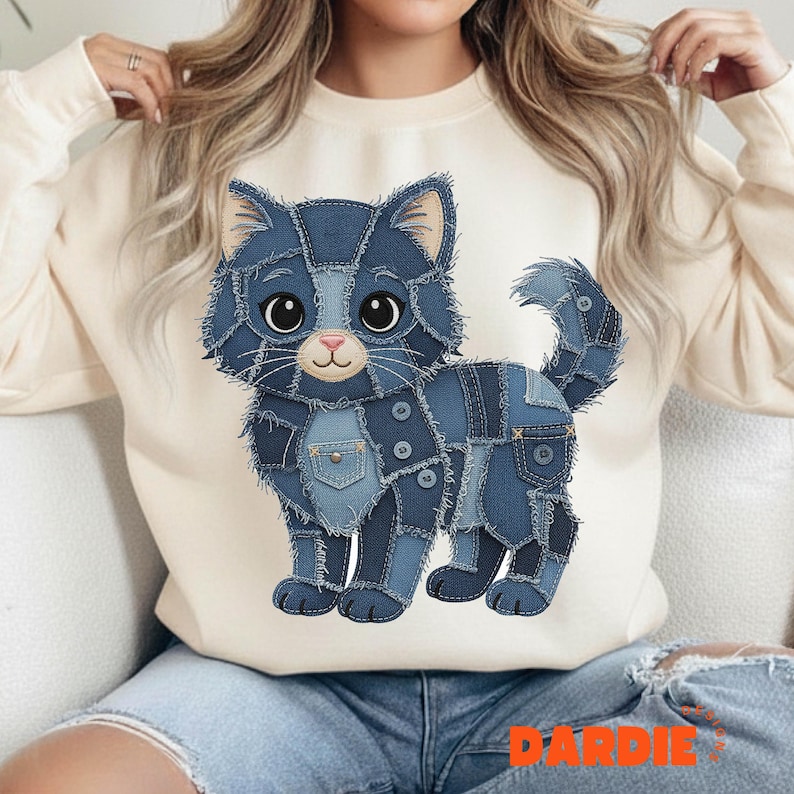 Denim Patchwork Cat PNG: Cute Western Blue Jean Kitten Sublimation ...