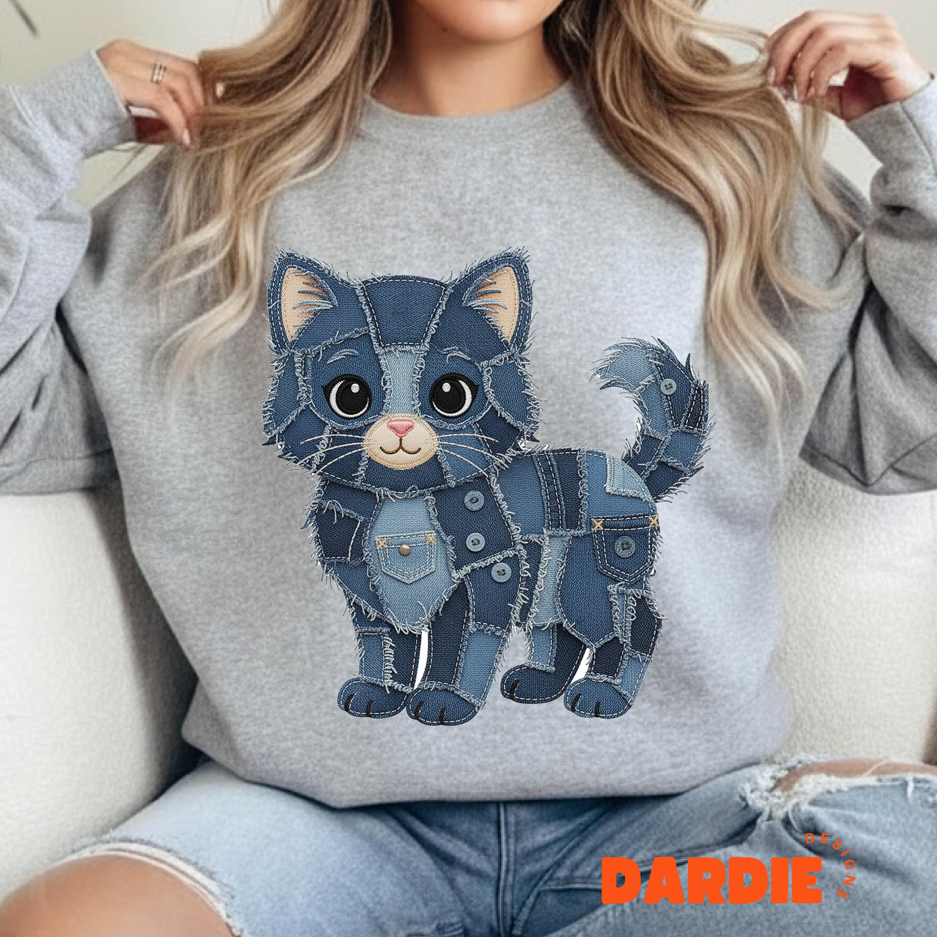 Denim Patchwork Cat PNG: Cute Western Blue Jean Kitten Sublimation ...