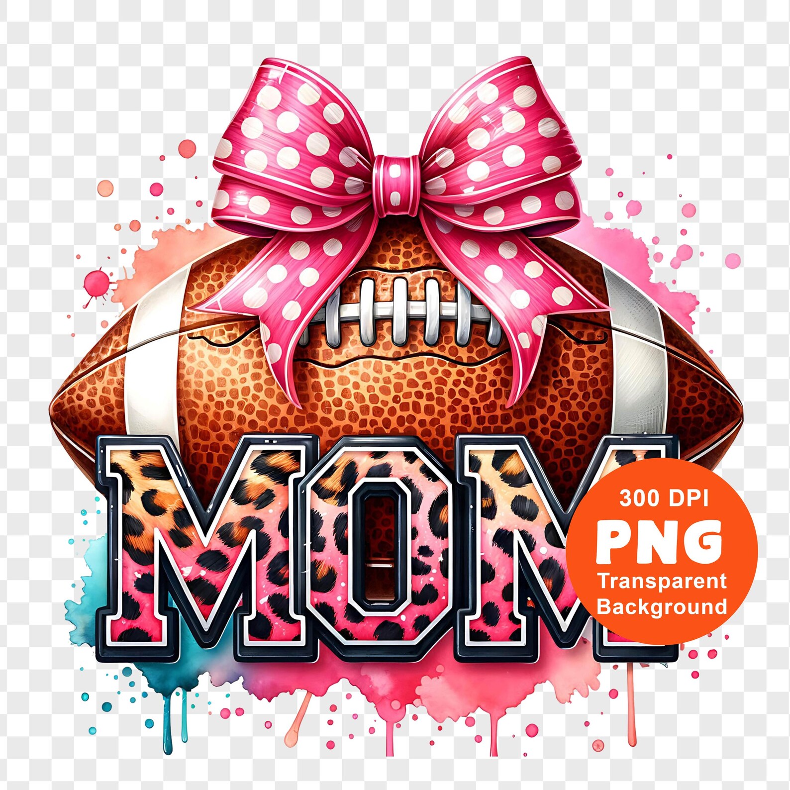 Watercolor Football Mom PNG Pink Cheetah Coquette Bow Sports Mom ...