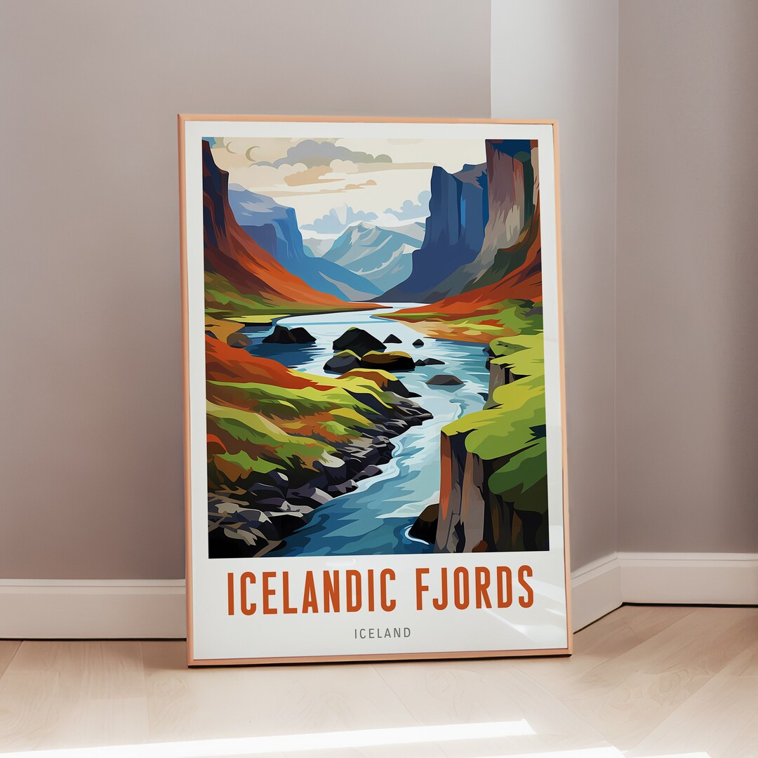 Icelandic Fjords Travel Poster Mid Century Wall Art Iceland Print ...
