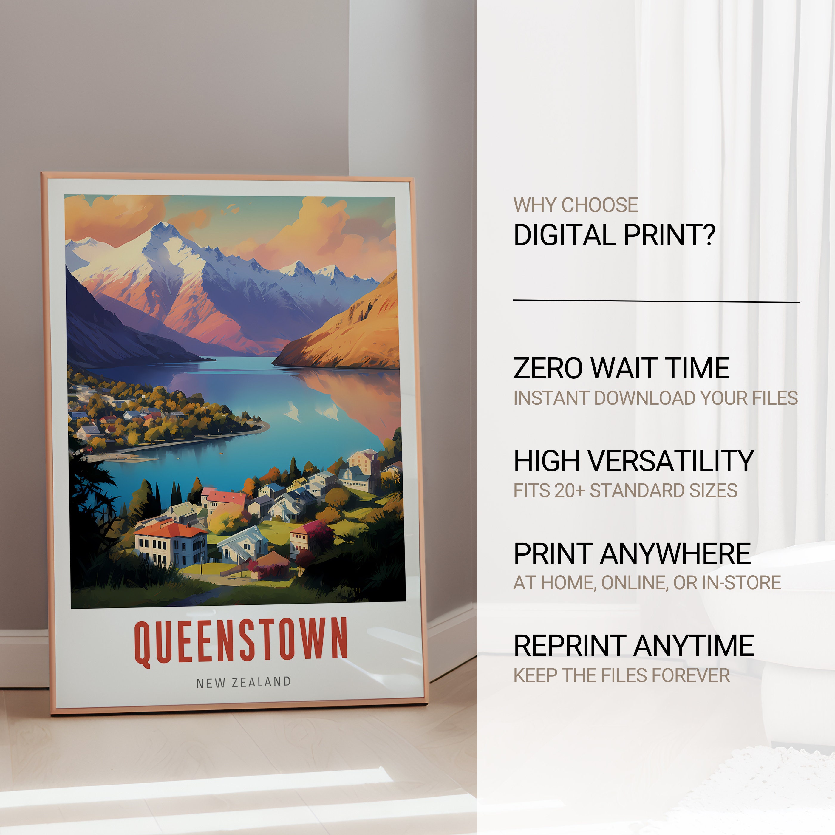 Queenstown Travel Poster New Zealand Print Mid Century Modern Wall Art ...