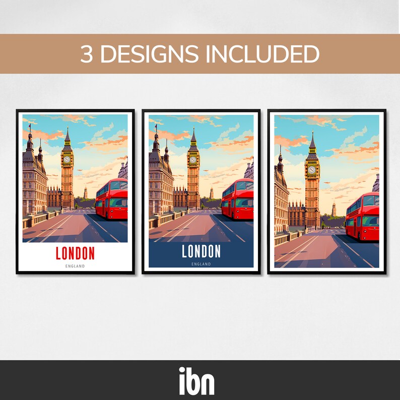 England Travel Poster London Iconic Landmarks Mid Century Modern Wall ...