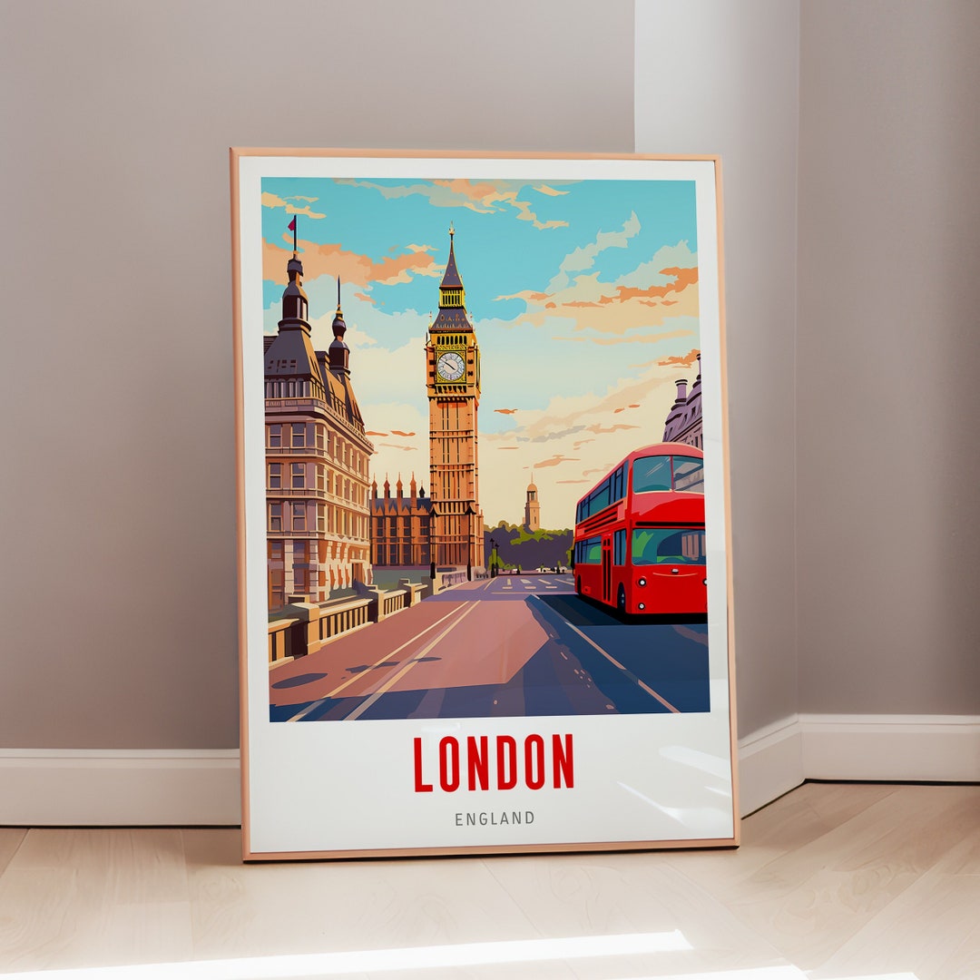 England Travel Poster London Iconic Landmarks Mid Century Modern Wall ...