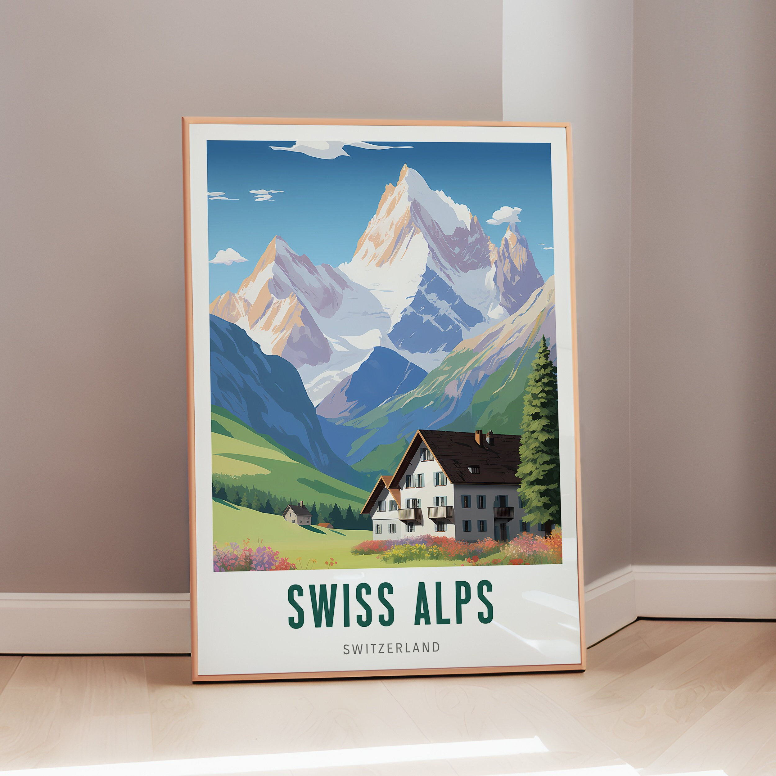 Swiss Alps Travel Poster Switzerland Print Mid Century Modern Wall Art ...