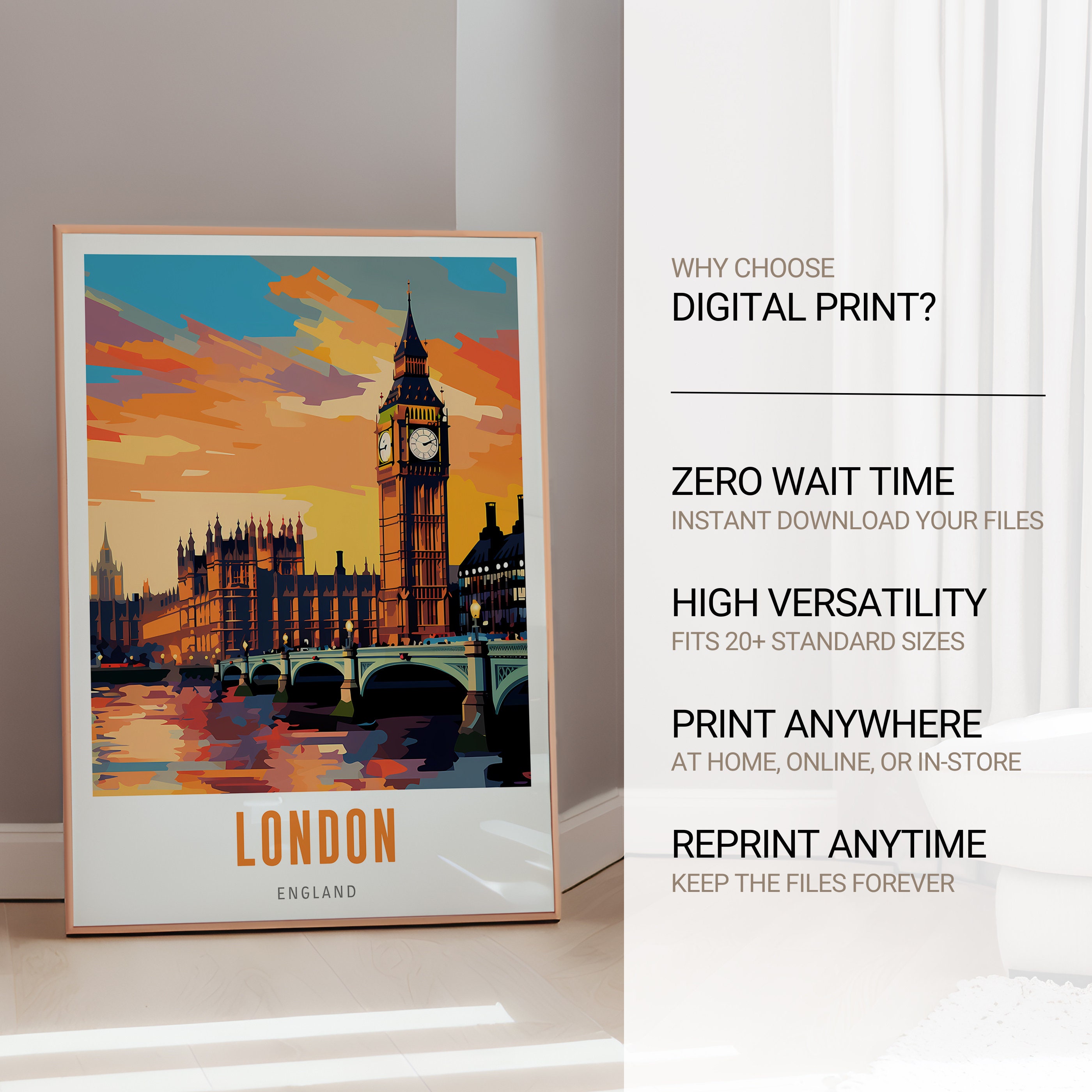 London England Poster Mid Century Wall Art British Travel Print ...