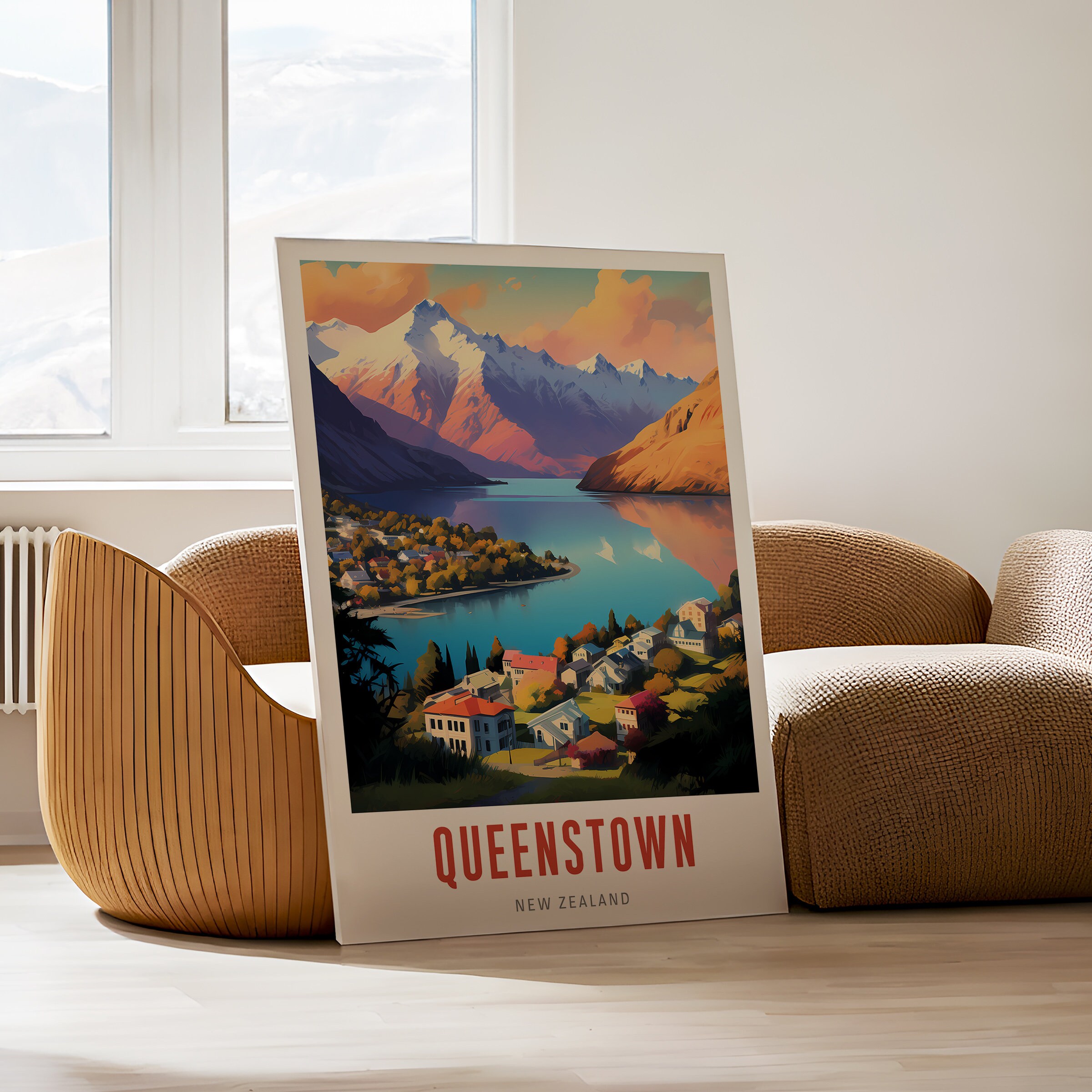 Queenstown Travel Poster New Zealand Print Mid Century Modern Wall Art ...