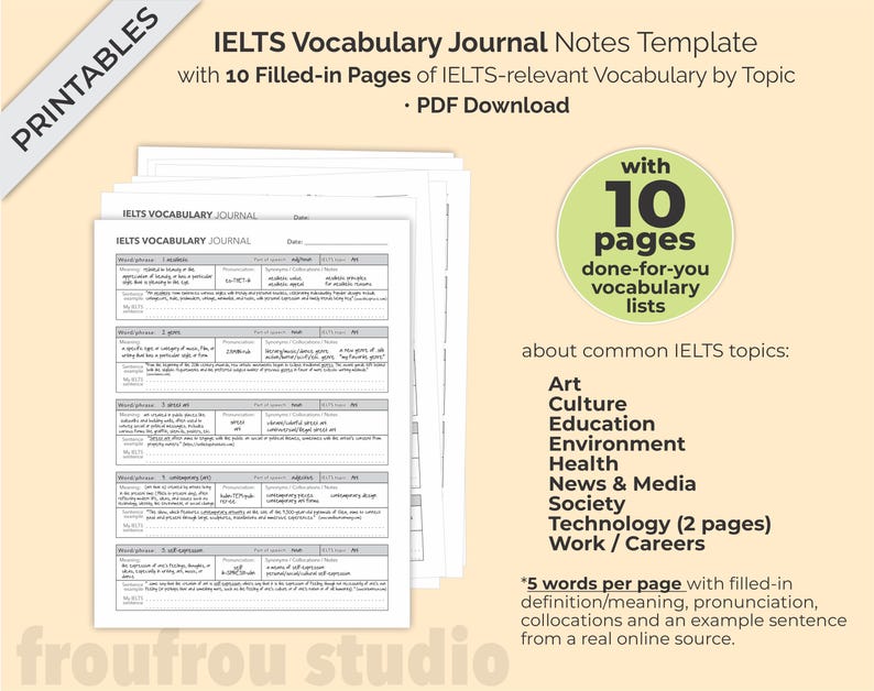 Printable IELTS Vocabulary Journal Page – With Bonus 50 IELTS Words ...