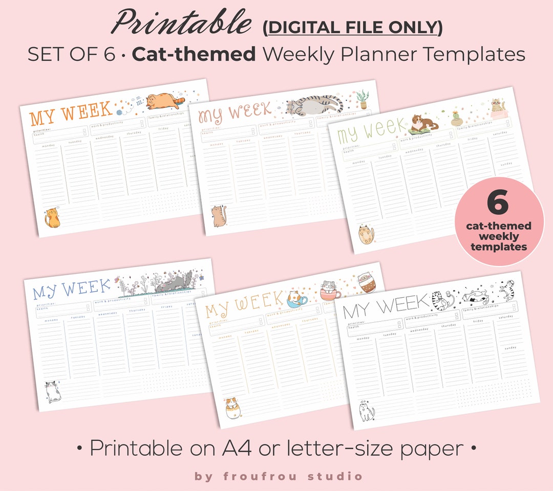 Cute Cats Weekly Planner Template Pack - Set of 6 Plus Bonus Notes ...