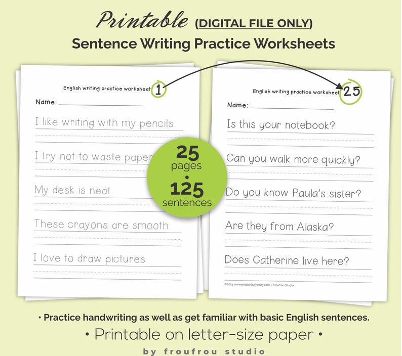 25 Printable Sentence Writing Worksheets 125 Sentences 25 Pages ...