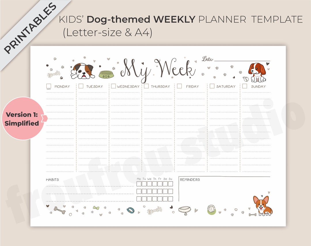 Dog-themed Kids' Weekly Planner Printable Cute Dog Weekly Planner With ...