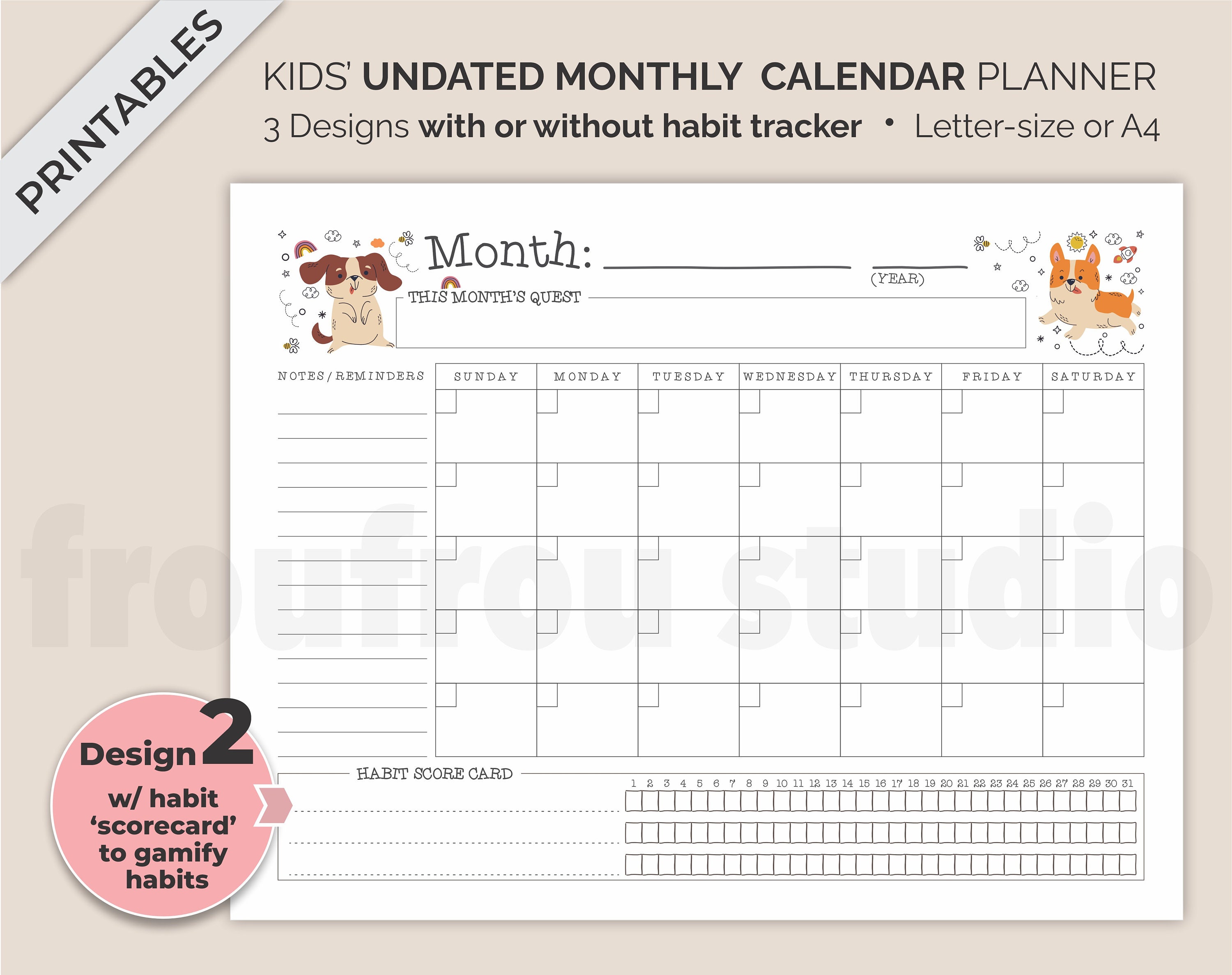 Kids' Undated Monthly Planner Printable 3 Designs With or Without a ...