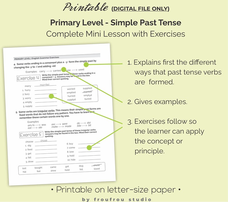 ESL Simple Past Tense Primary Level Lesson and Exercise Pack - 8 ...