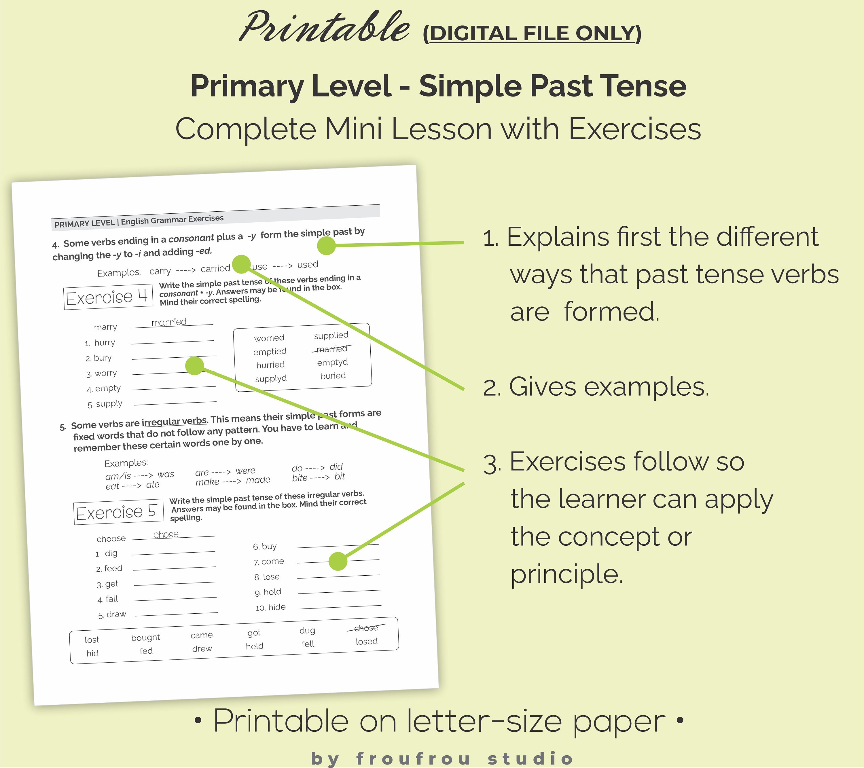 ESL Simple Past Tense Primary Level Lesson and Exercise Pack - 8 ...