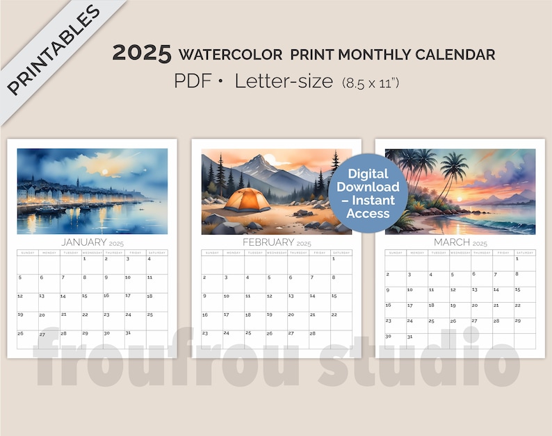 2025 MONTLHY Calendar With Watercolor Landscape Prints Printable 2025 ...