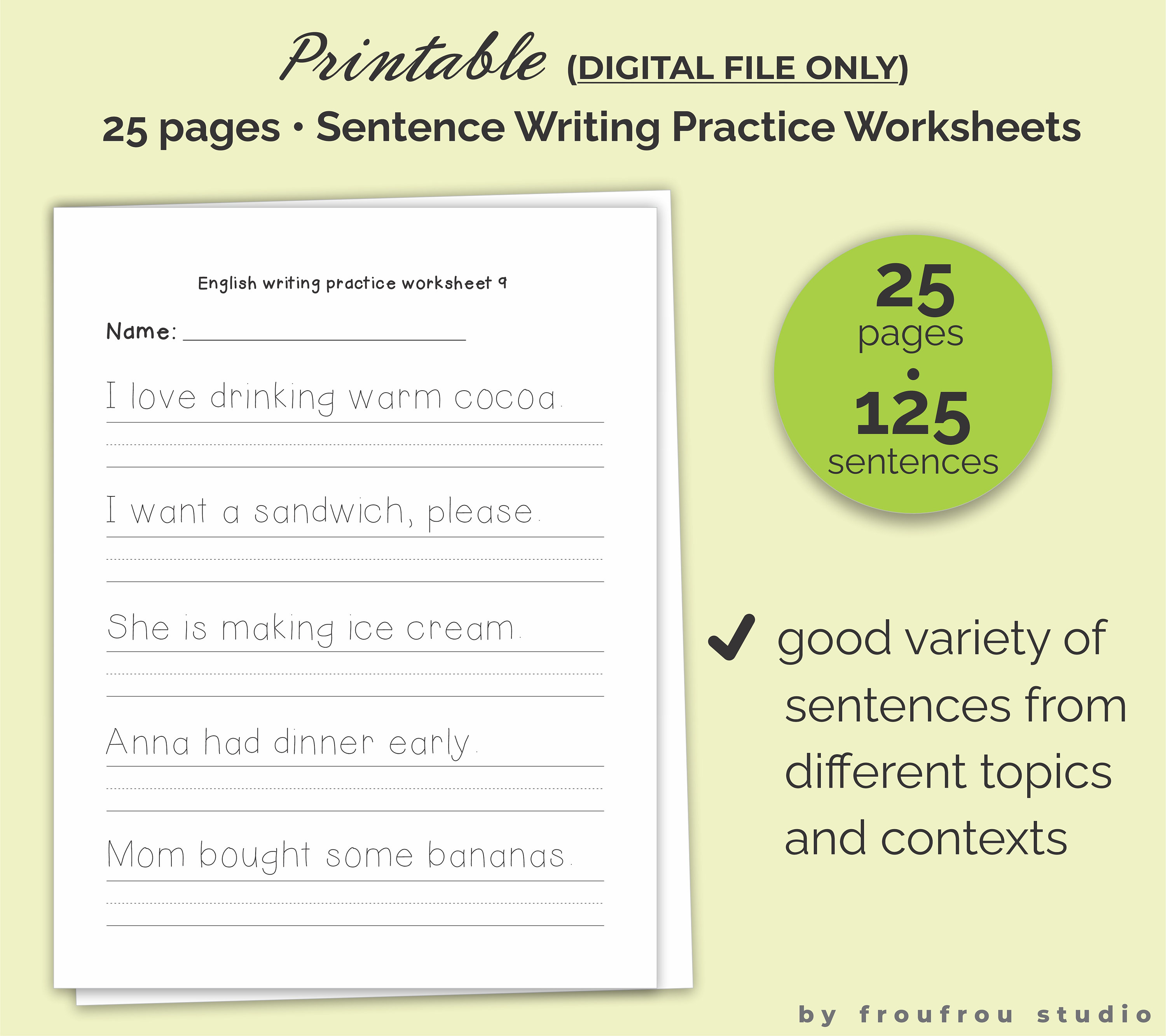 25 Printable Sentence Writing Worksheets 125 Sentences 25 Pages ...