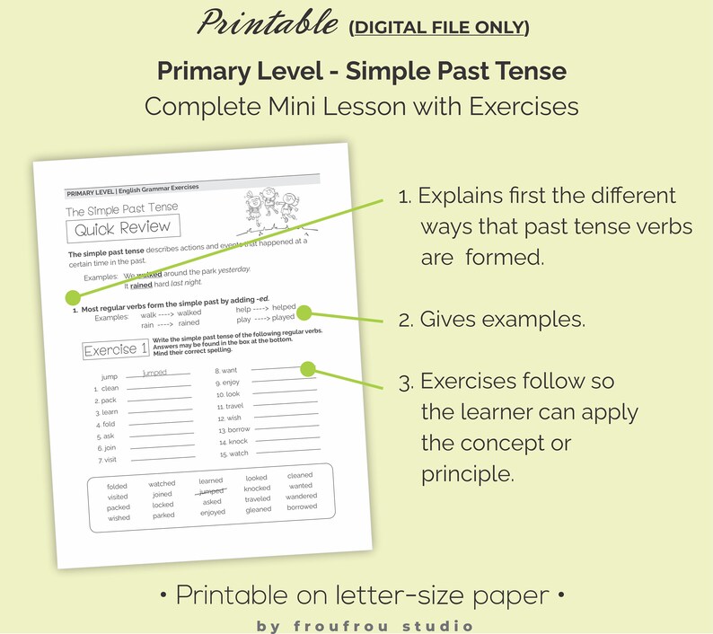 ESL Simple Past Tense Primary Level Lesson and Exercise Pack - 8 ...