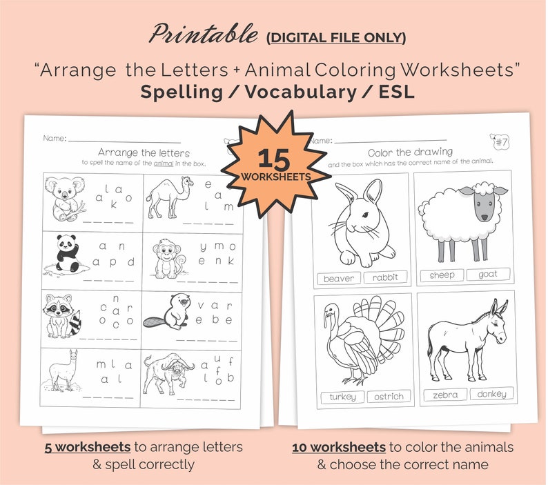 Arrange the Letters to Spell Animal Names Animal Coloring Worksheets 15 ...