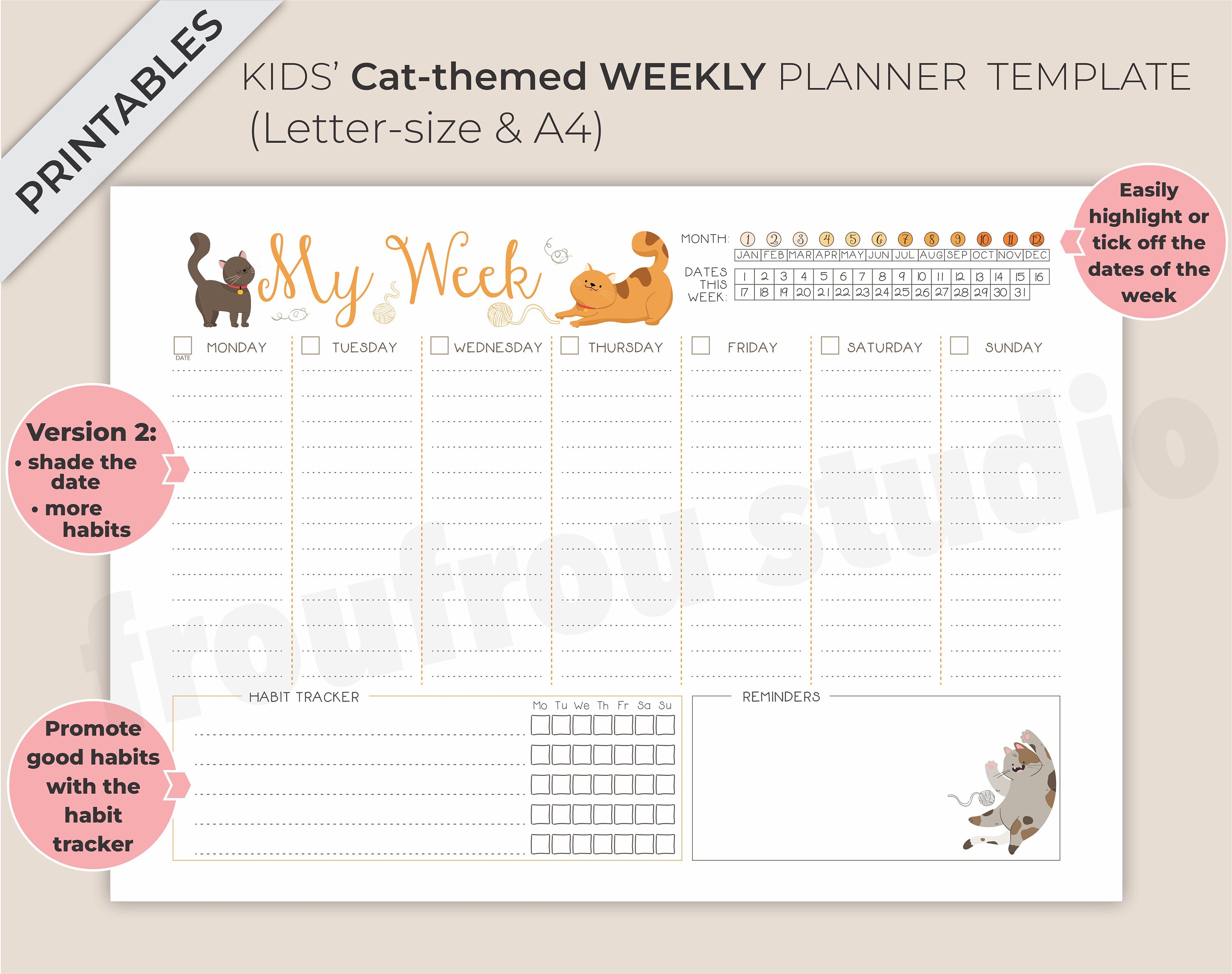 Cat-themed Kids' Weekly Planner Printable Cute Cat Weekly Planner With ...