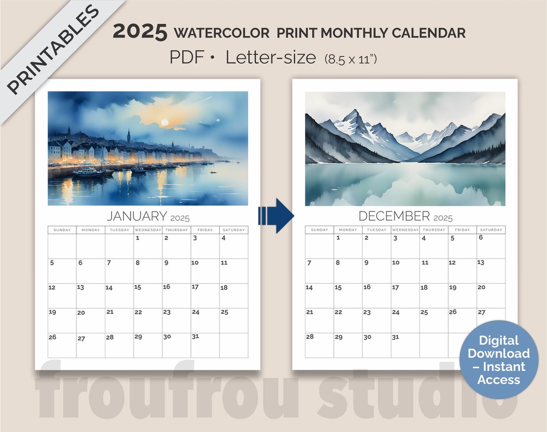 2025 MONTLHY Calendar With Watercolor Landscape Prints Printable 2025 ...