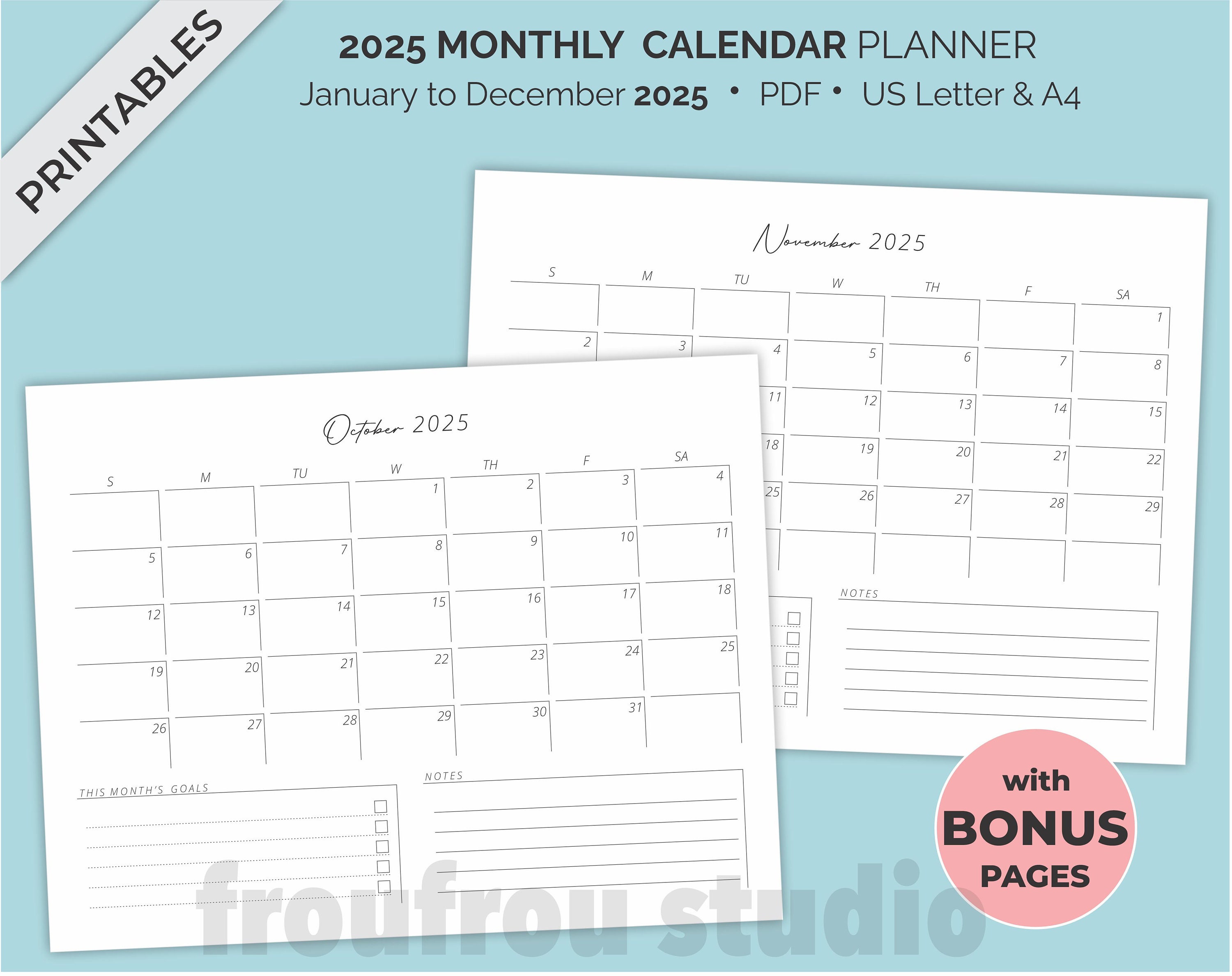 Minimalist 2025 Monthly Calendar Planner: JAN-DEC 2025 Printer-friendly ...