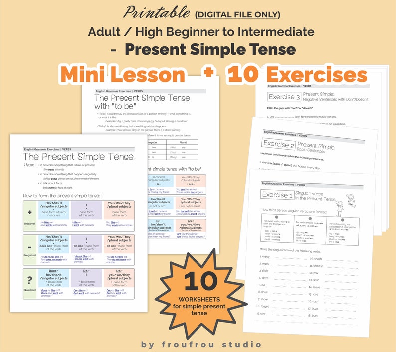 Simple Present Tense Mini-lesson and 10 Worksheets Printable ESL Pack ...