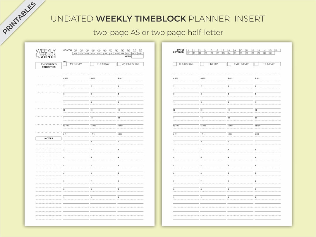 Printable Weekly Time-block Planner: A5, Half-letter (digital Download ...