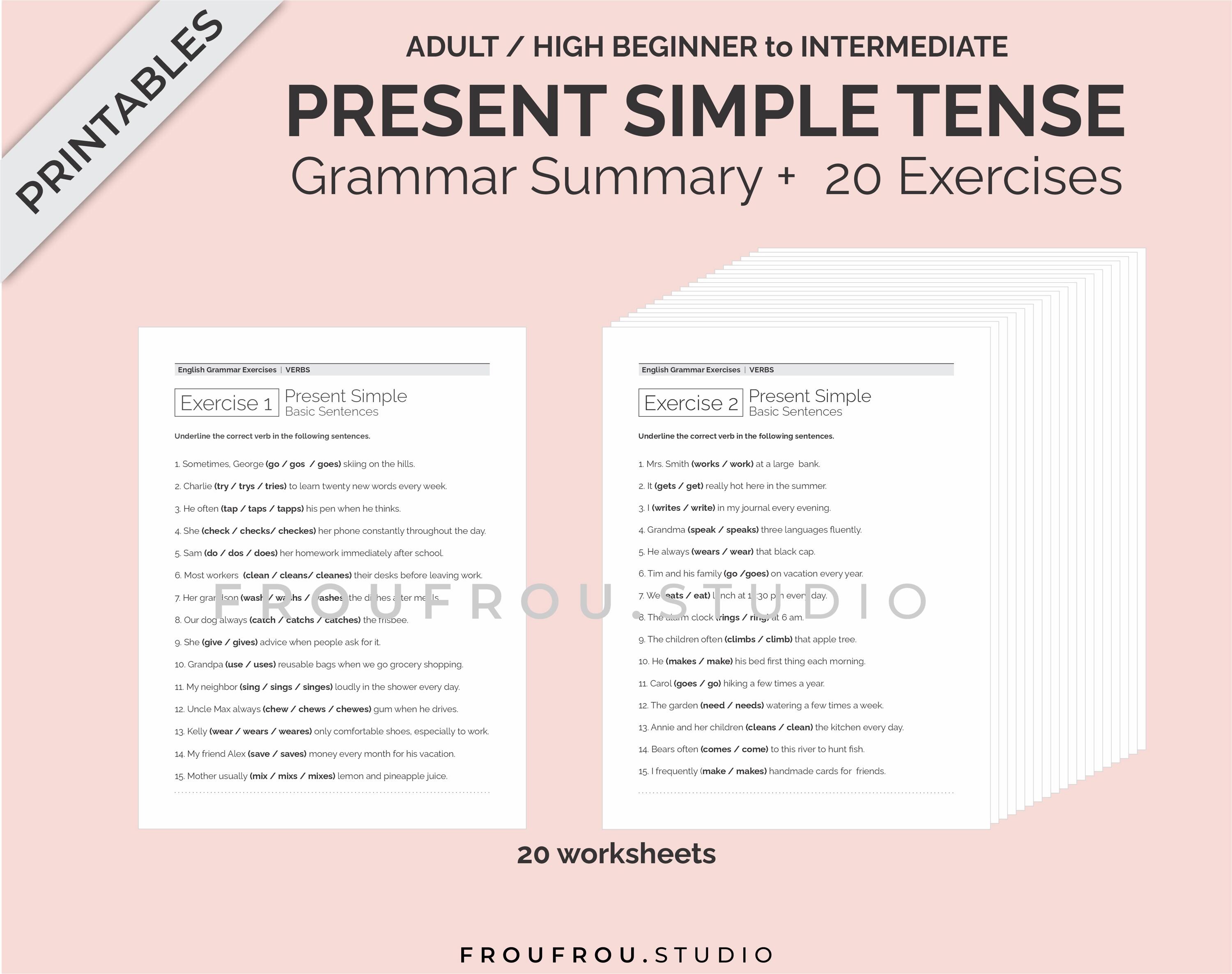 Simple Present Tense Mini-lesson and 20 Worksheets Printable ESL Pack ...