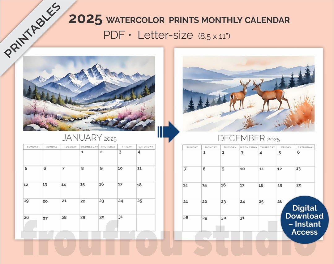 2025 MONTLHY Calendar With Seasonal Theme Landscape Watercolor Prints ...