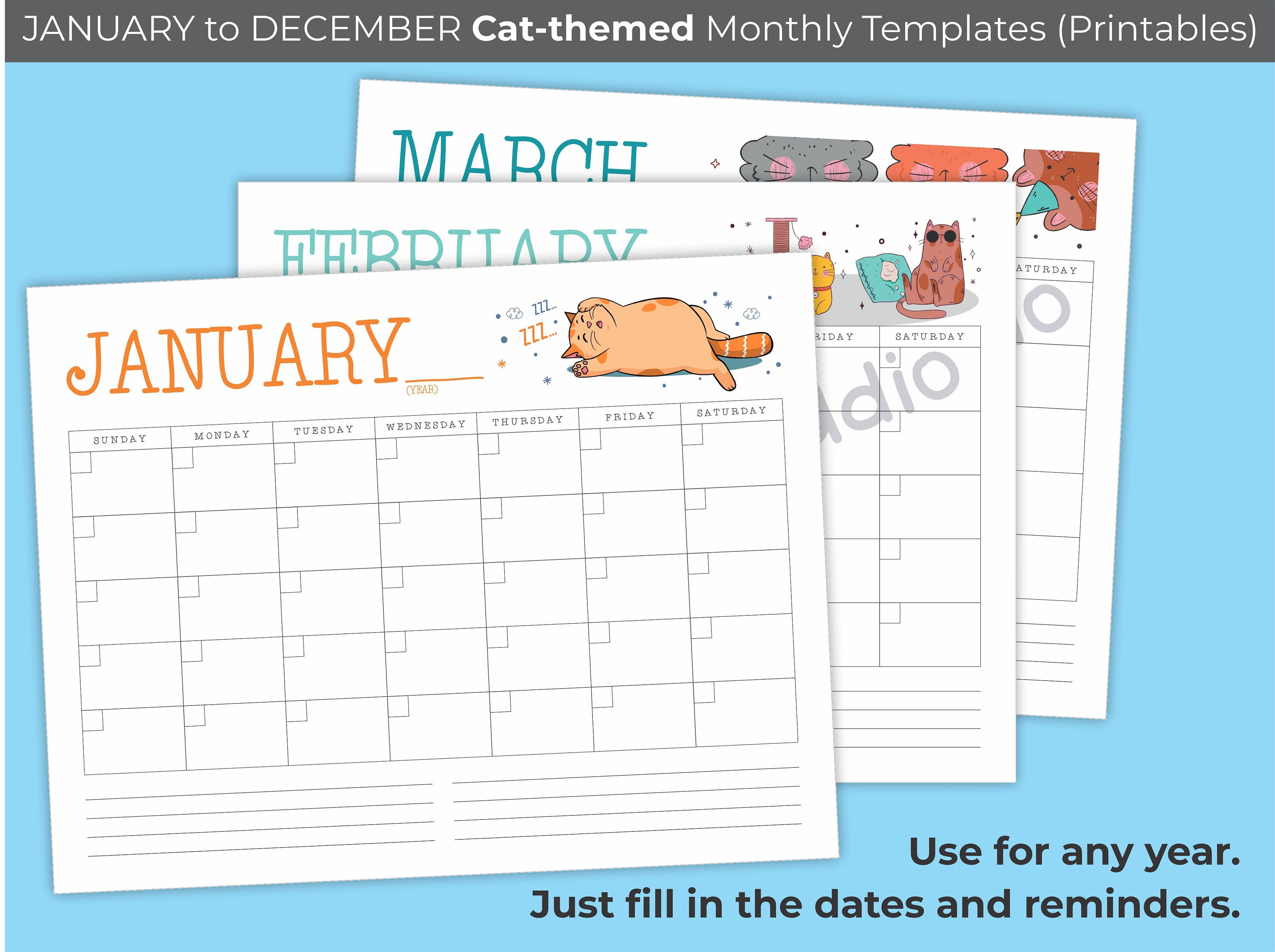 Printable January to December Blank Monthly Calendar Cute Cats Theme ...