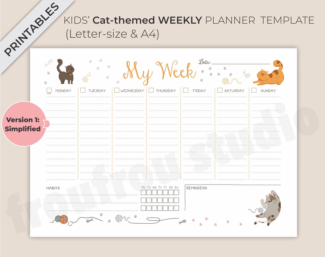 Cat-themed Kids' Weekly Planner Printable Cute Cat Weekly Planner With ...