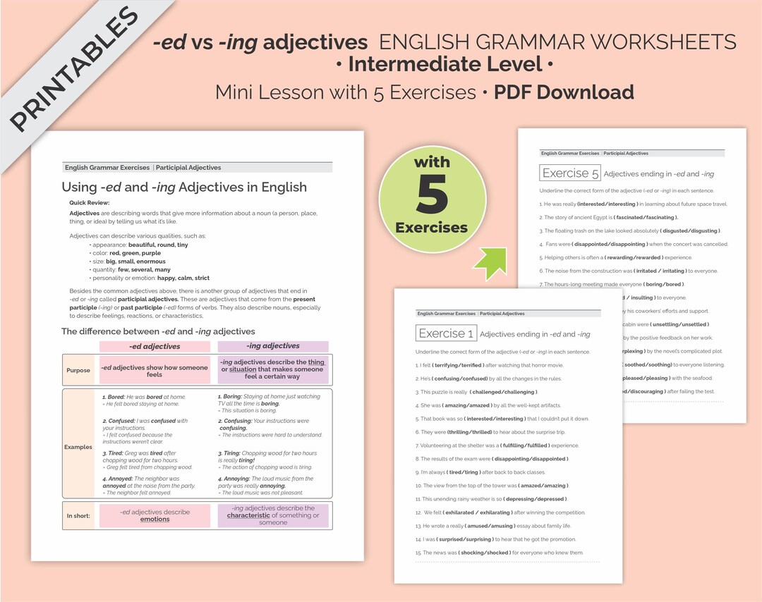 ESL Grammar Worksheets on ing Vs ed Adjectives Intermediate Level 5 ...