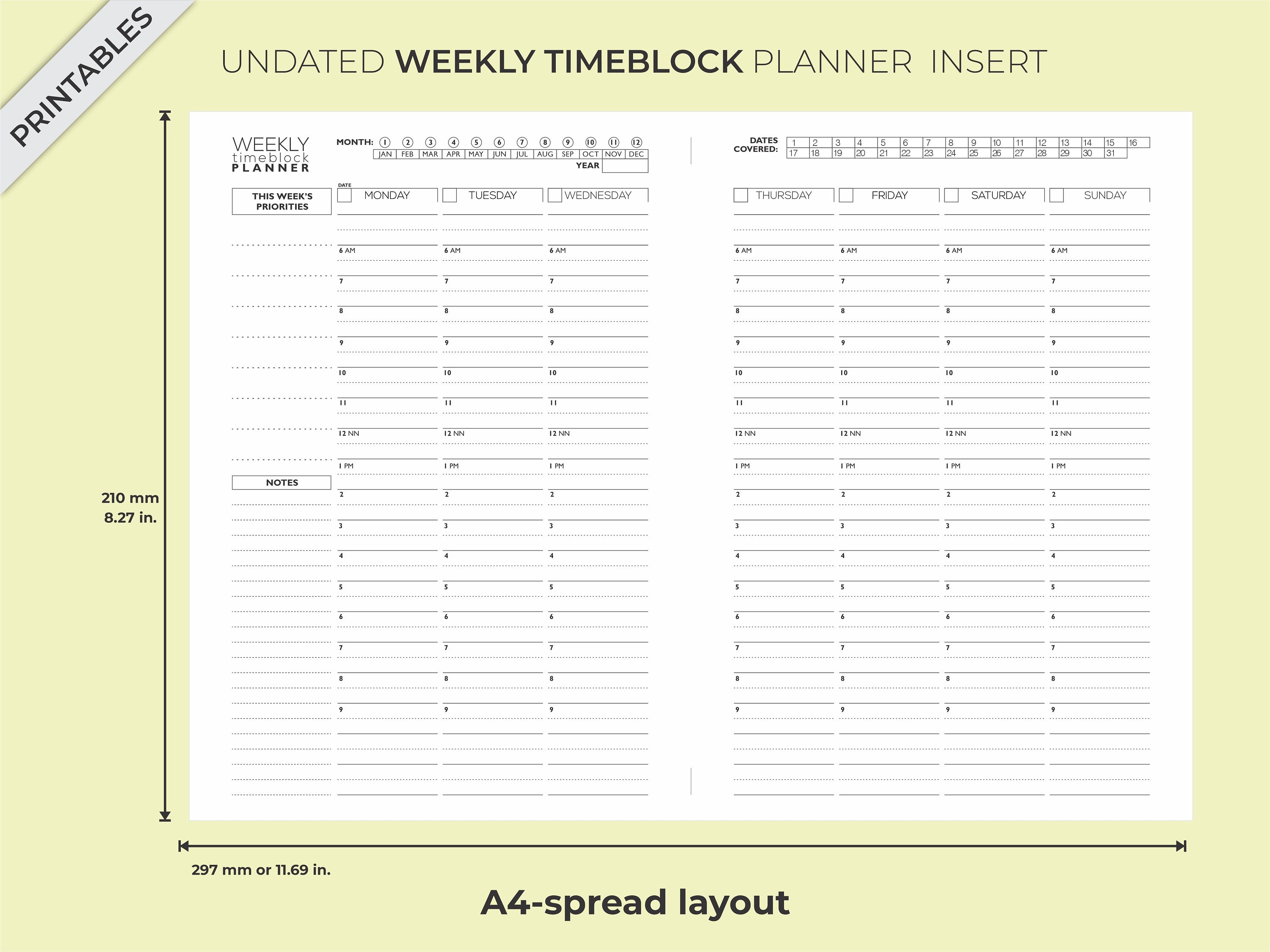 Printable Weekly Time-block Planner: A5, Half-letter (digital Download ...