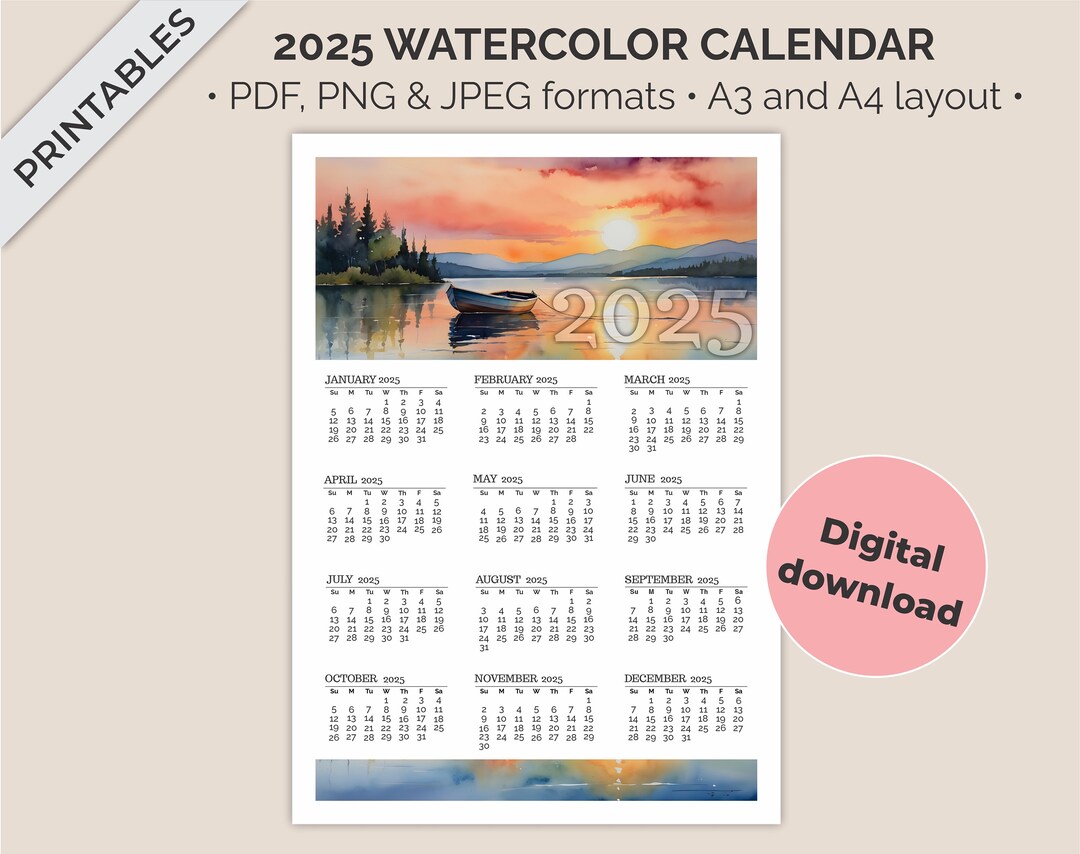 2025 Art Calendar With Lake Watercolor Print Printable 2025 Calendar ...