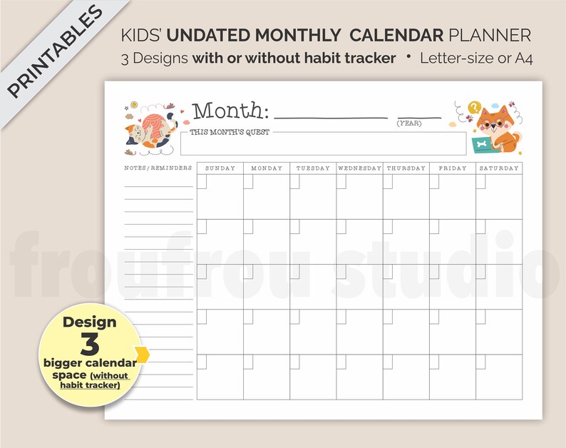 Kids' Undated Monthly Planner Printable 3 Designs With or Without a ...
