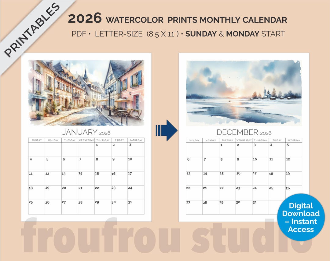 2026 Watercolor Monthly Calendar: Vertical Letter Size Monthly Calendar ...