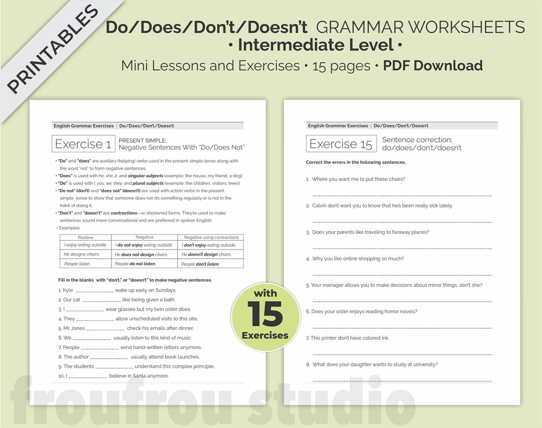 ESL Grammar Worksheets: Do/does/don't/doesn't - 15 Exercises (PDF ...