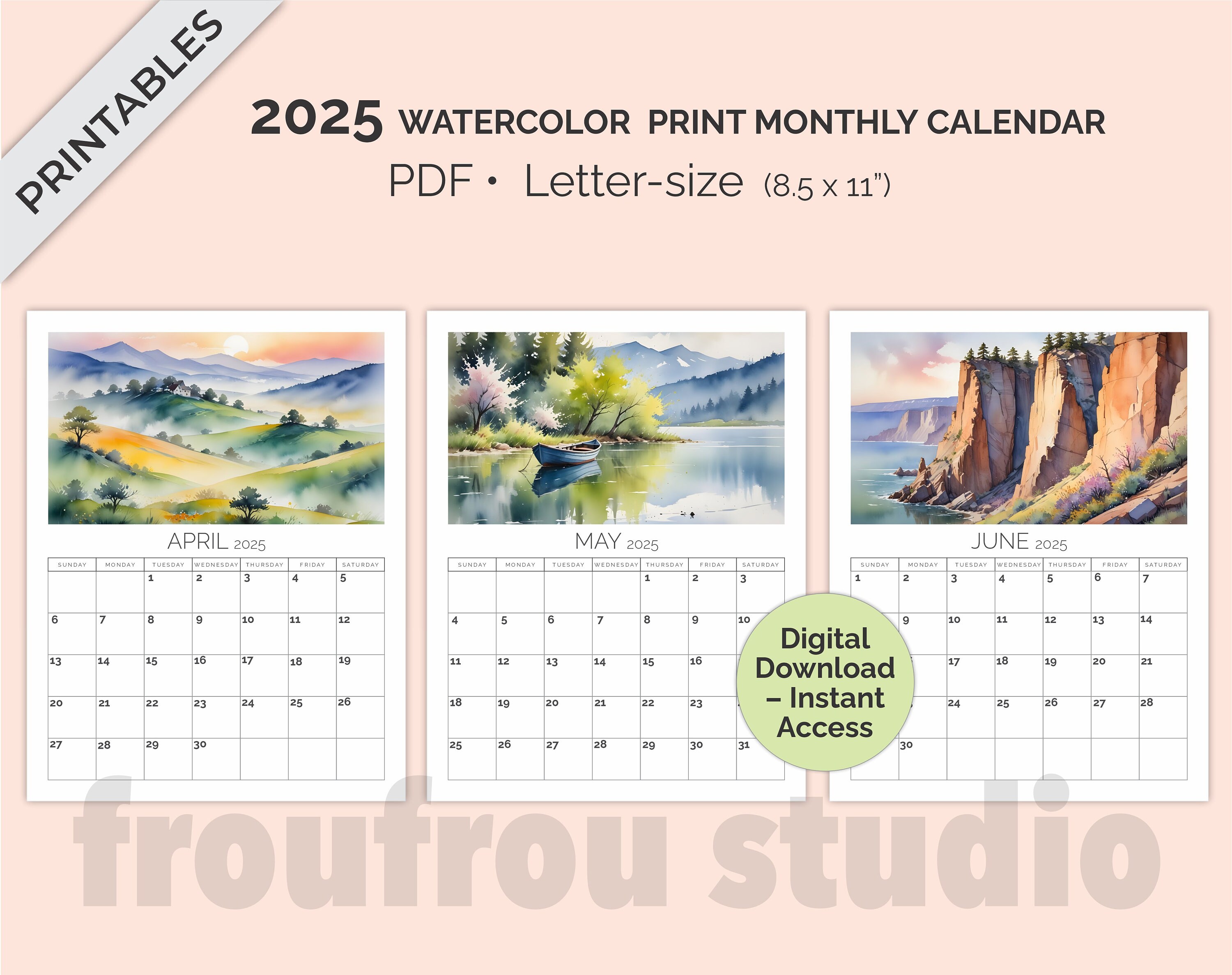 2025 MONTLHY Calendar With Seasonal Theme Landscape Watercolor Prints ...