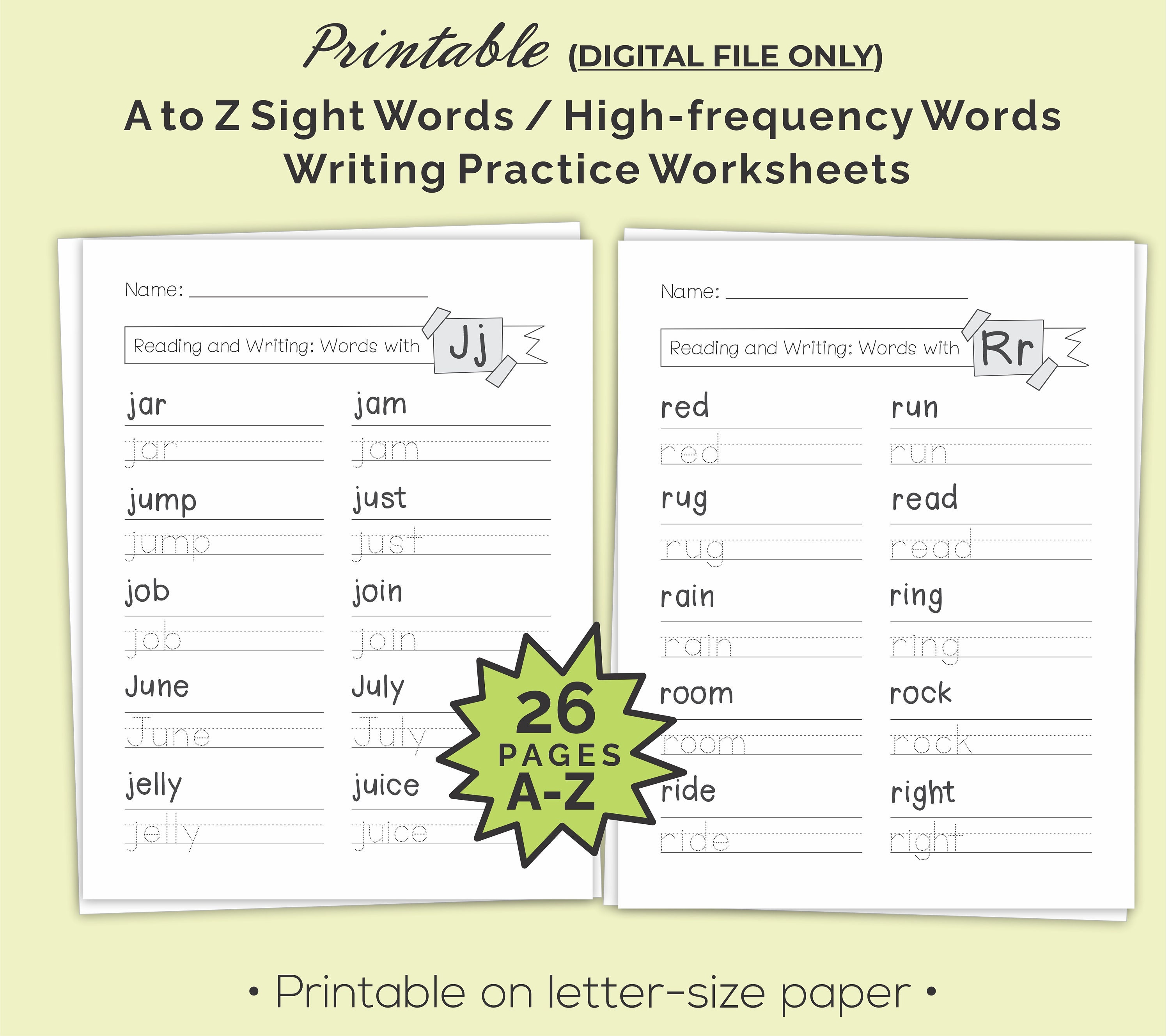 A-Z Printable Sight Words Reading and Writing, High Frequency Words ...