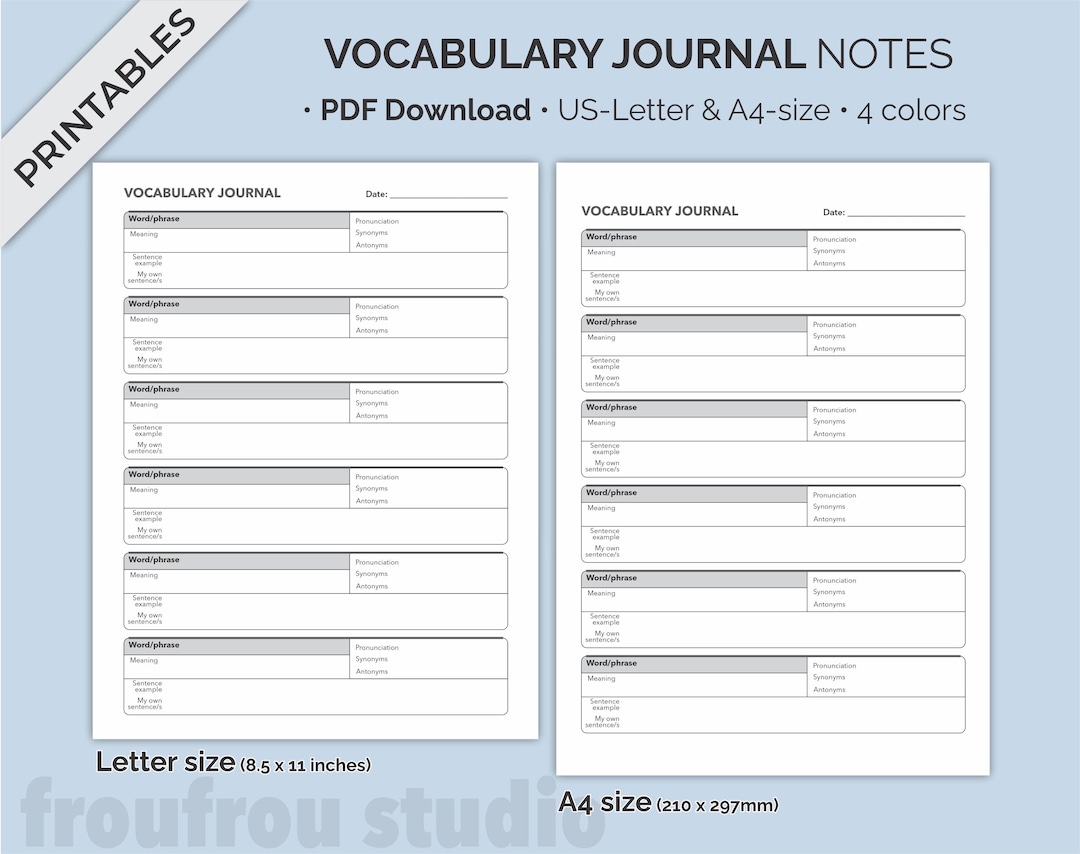 Printable Vocabulary Journal Notes Template - Language Learning Journal ...